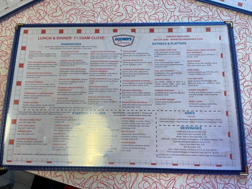 Menu at Goobers Diner restaurant, Wilmington