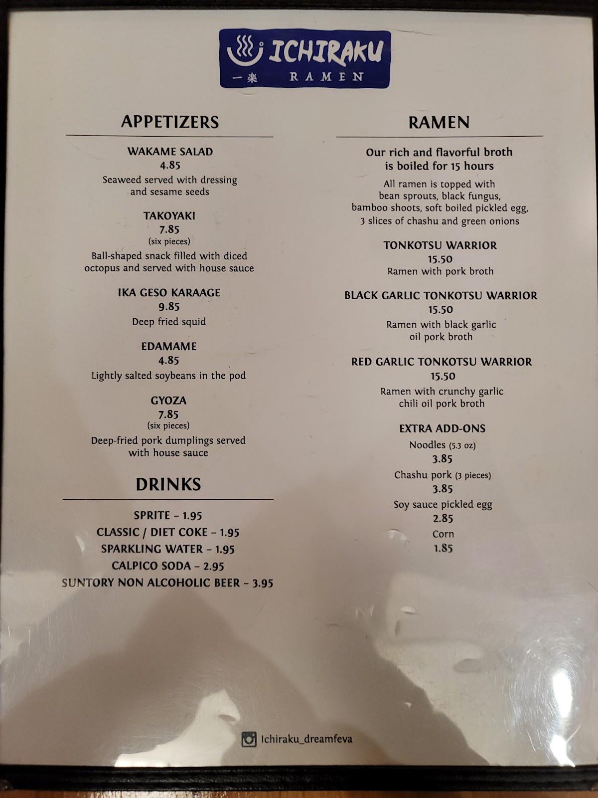 Menu at Ichiraku Ramen restaurant, San Francisco, Geary Blvd