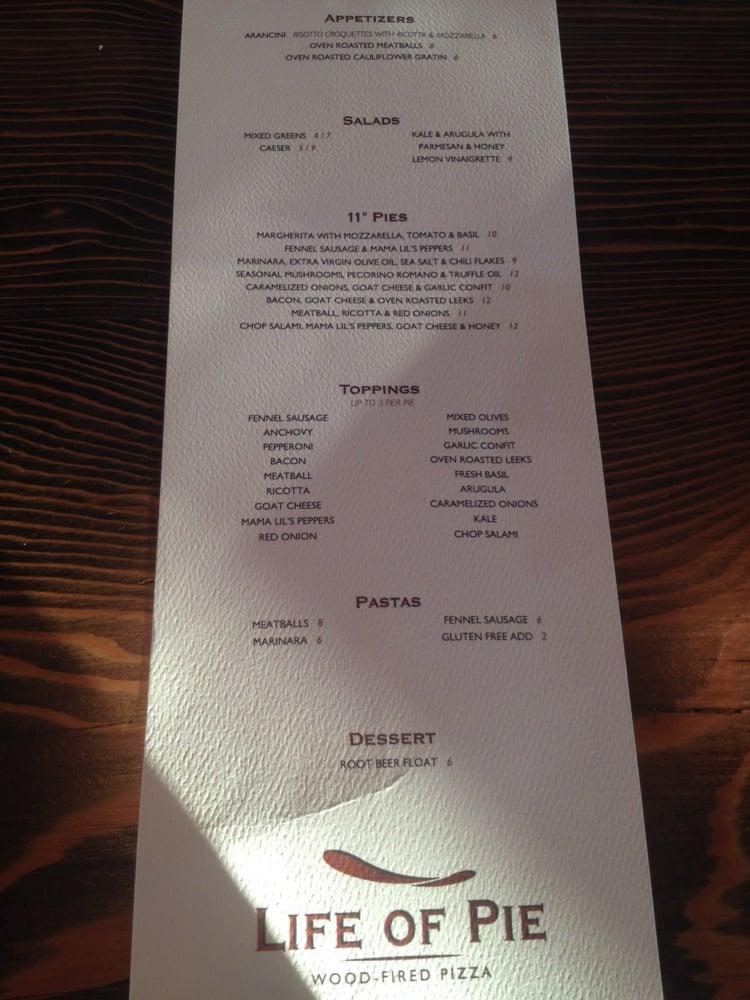 Menu at Life of Pie Pizza pizzeria, Portland, N Williams Ave