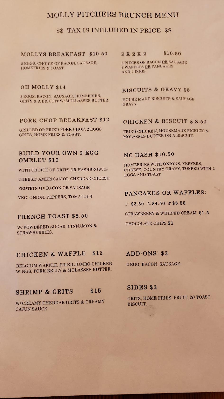 Menu at Molly Pitcher's American Grill restaurant, Wilmington