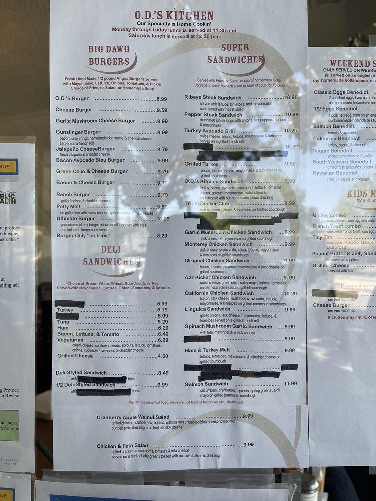 Menu at OD's Kitchen restaurant, Gilroy