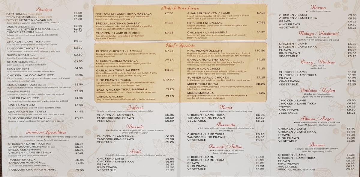 Menu at Pink Chilliz restaurant, Canvey Island, 354 Long Rd