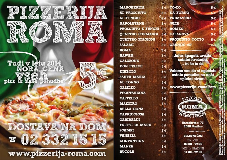 Menu at Pizzerija-Špageterija Roma restaurant, Maribor