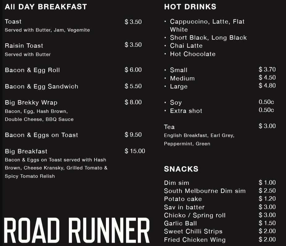 Menu at Road Runner Food & Coffee restaurant, Moolap