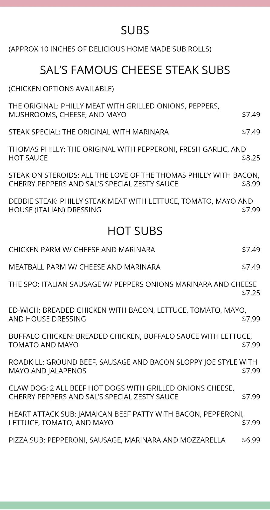 Menu at Sal's Pizzeria, Gastonia