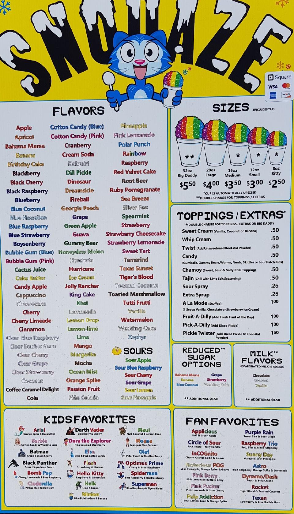 Menu at SnoDaze Shaved Ice restaurant, Spring