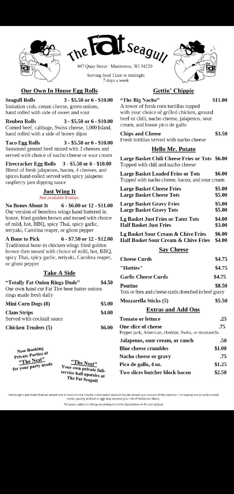Menu at The Fat Seagull pub & bar, Manitowoc