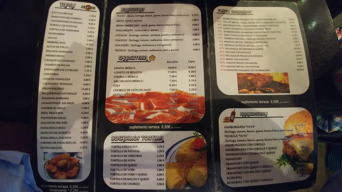Menu at YaYa restaurant, Barcelona