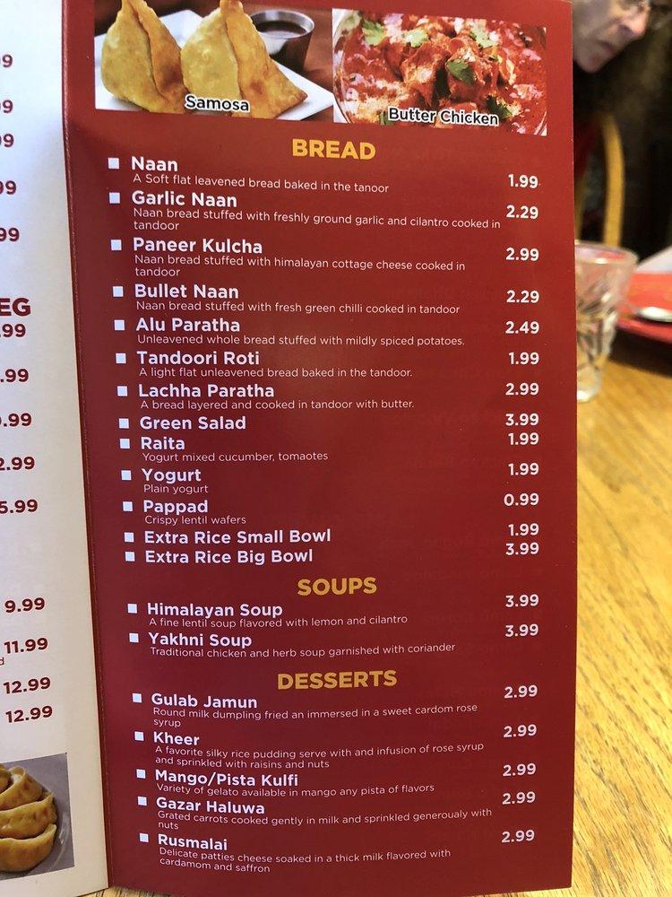 Carta del pub y bar Yak & Yeti Himalayan Cuisine, Evansville