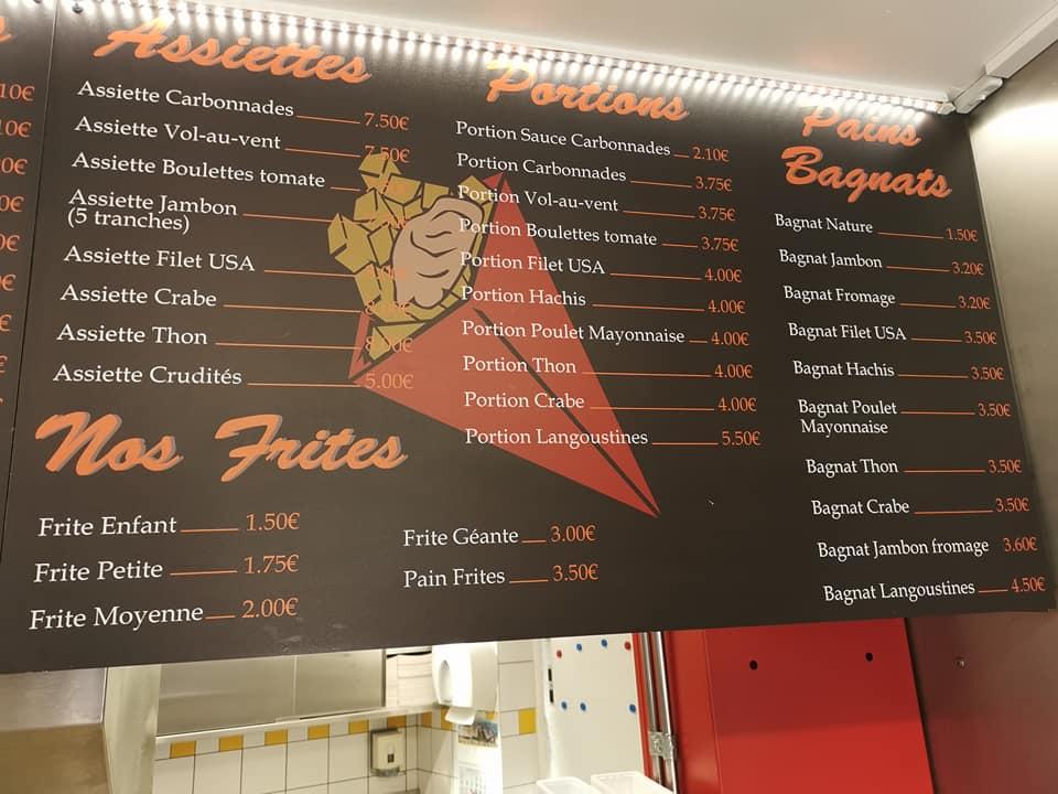 Menu au A L'BARAQUE A FRITES, Mouscron