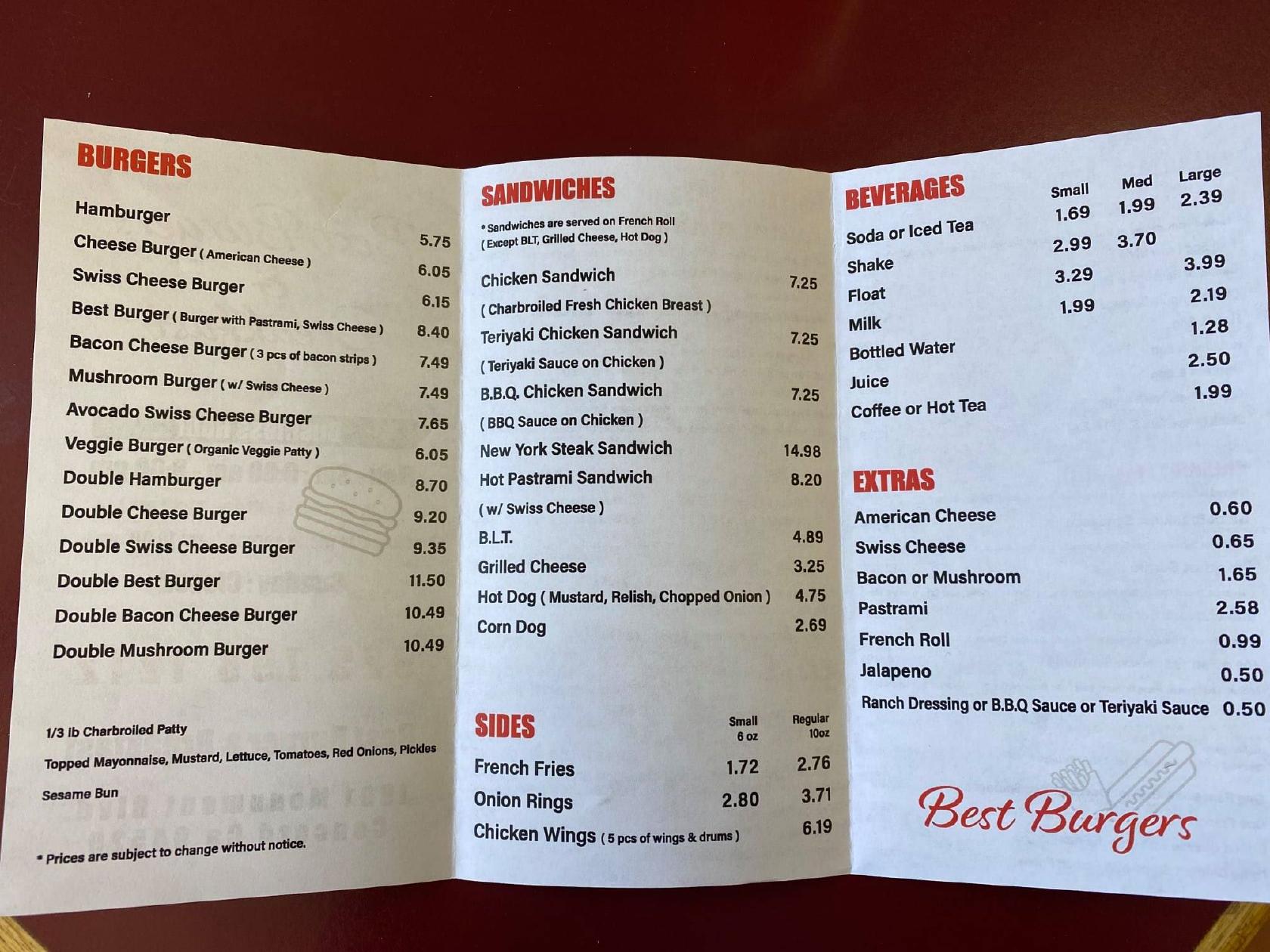 Menu at Best Burgers restaurant, Concord