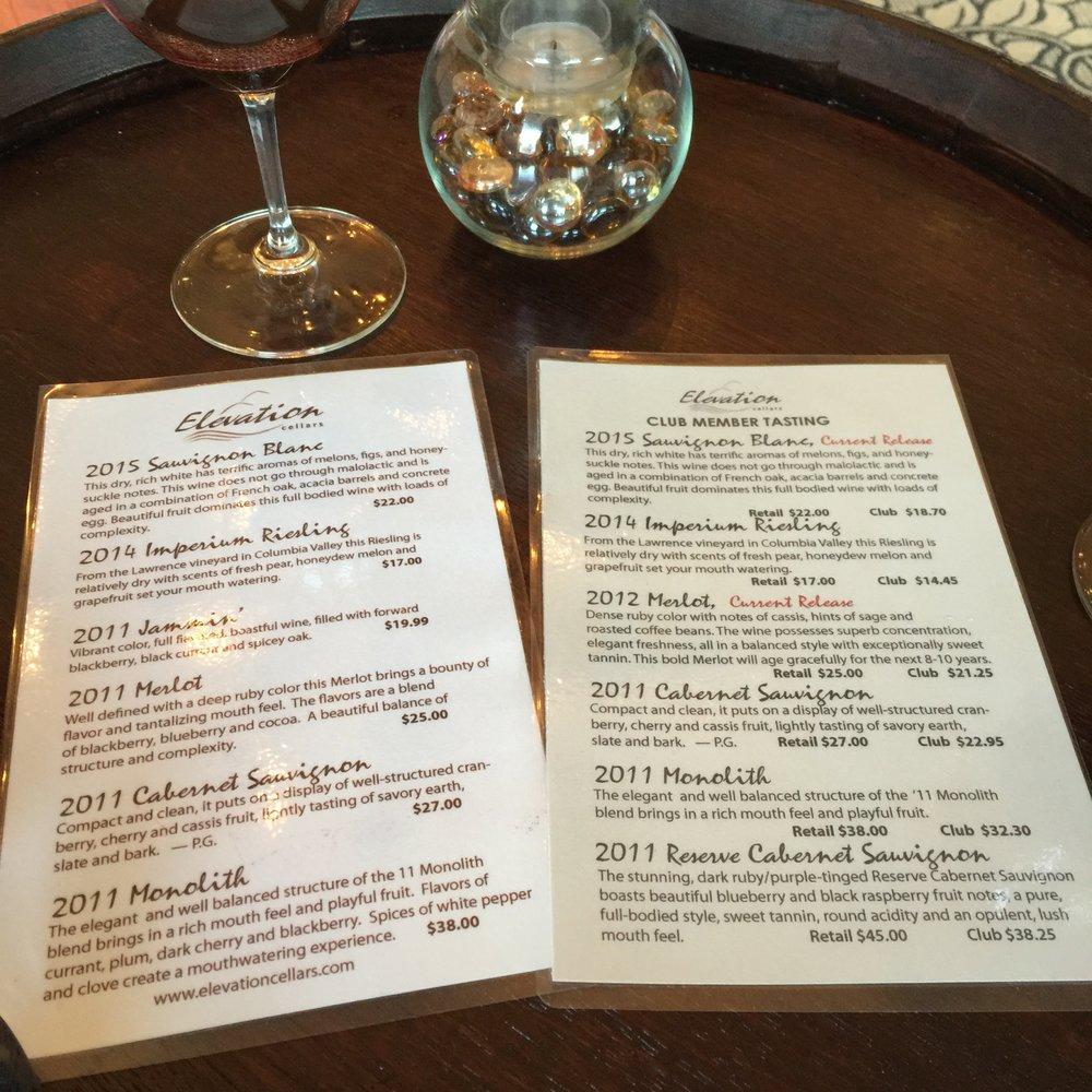 Menu at Elevation Cellars pub & bar, Woodinville