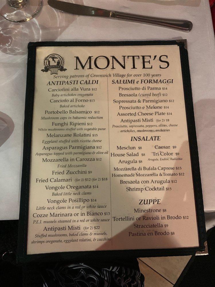 Menu at Monte's Trattoria restaurant, New York City