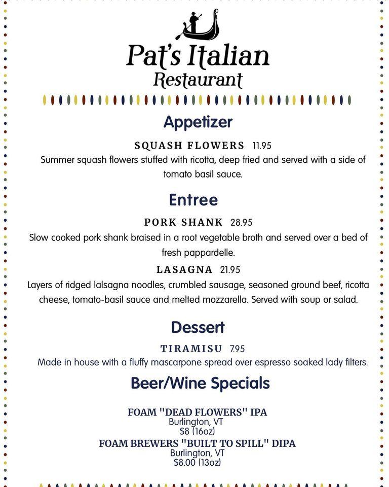 Menu at Pat's Italian Johnston restaurant, Johnston