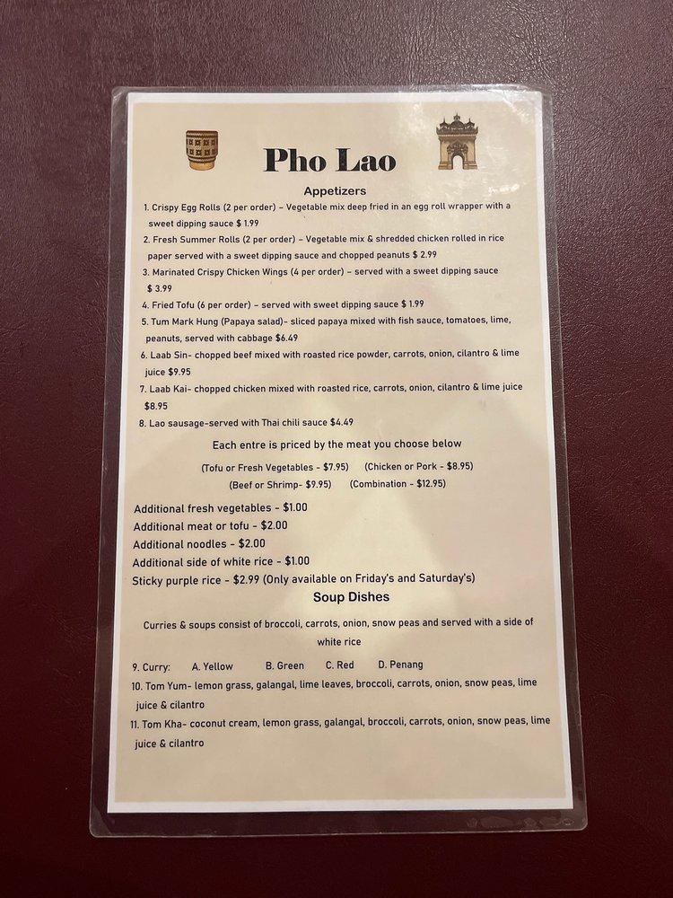 Menu at Pho Lao restaurant, Morganton