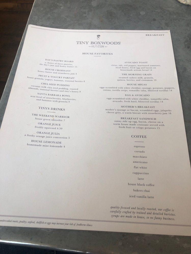 Menu at Tiny Boxwoods Austin restaurant, Austin