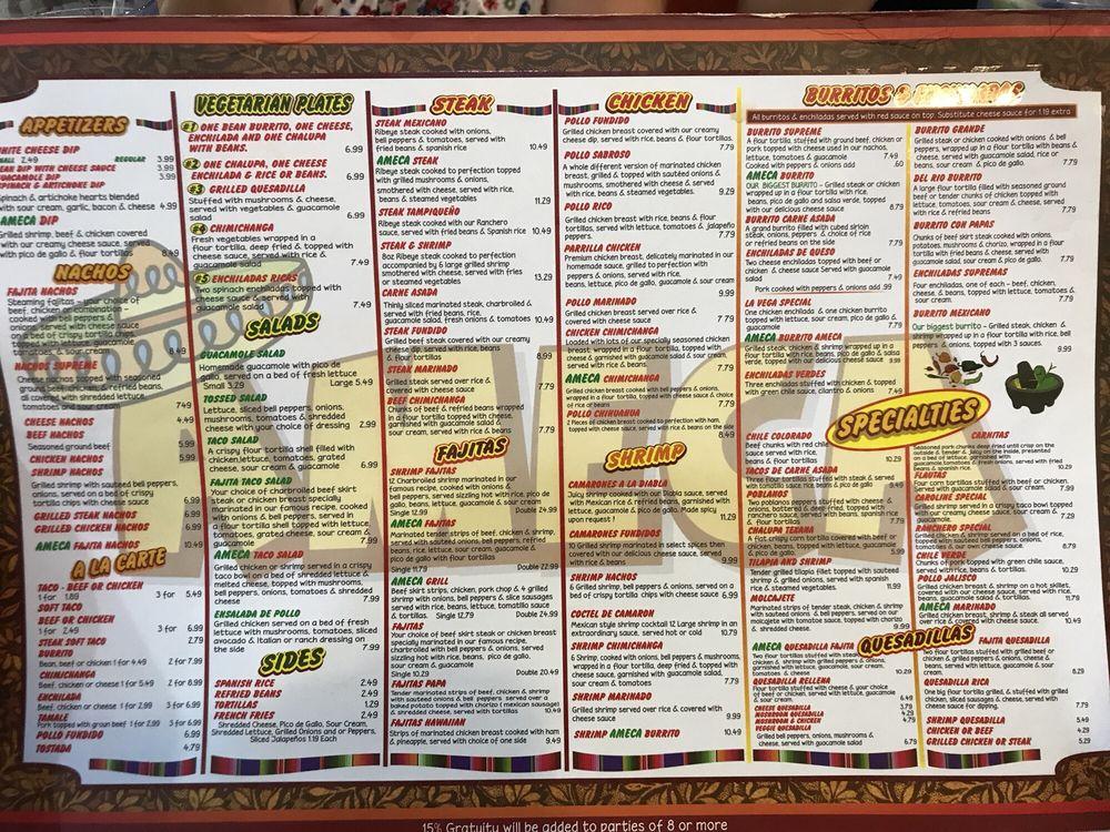 Menu at Ameca Mexican Restaurant, Monticello, 149 N Park Dr #3952