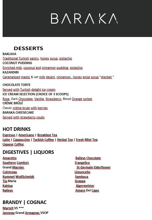 Menu at Baraka Restaurant London, London