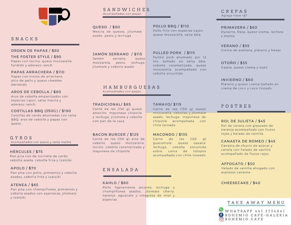 Menu at Bohemio Café Galería, San Miguel de Allende