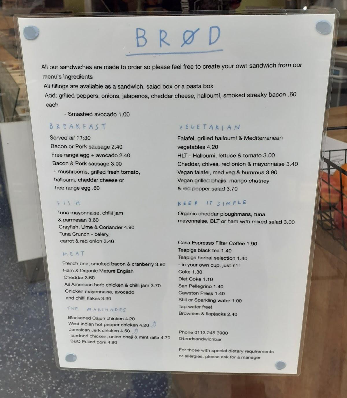 Menu at Brød Sandwich Bar, Leeds, 31 Great George St