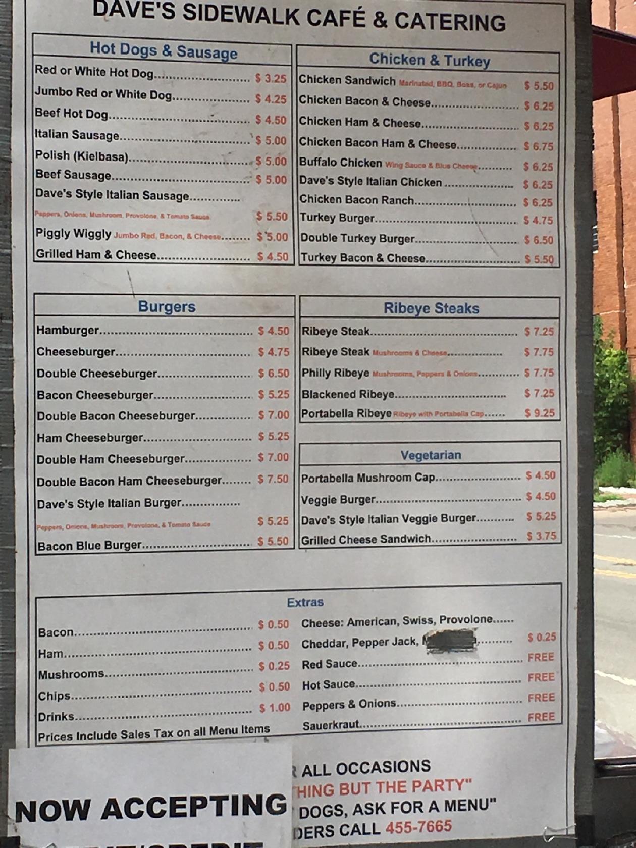 Menu at Dave's Sidewalk Cafe, Rochester