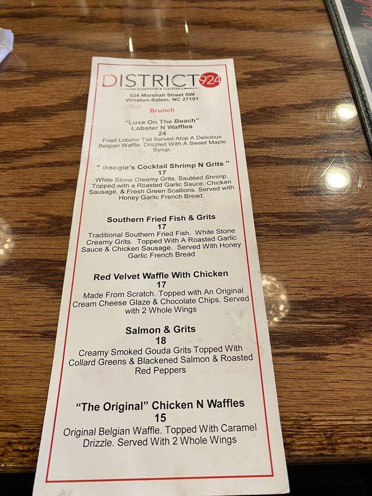 Menu at District 924 restaurant, Winston-Salem