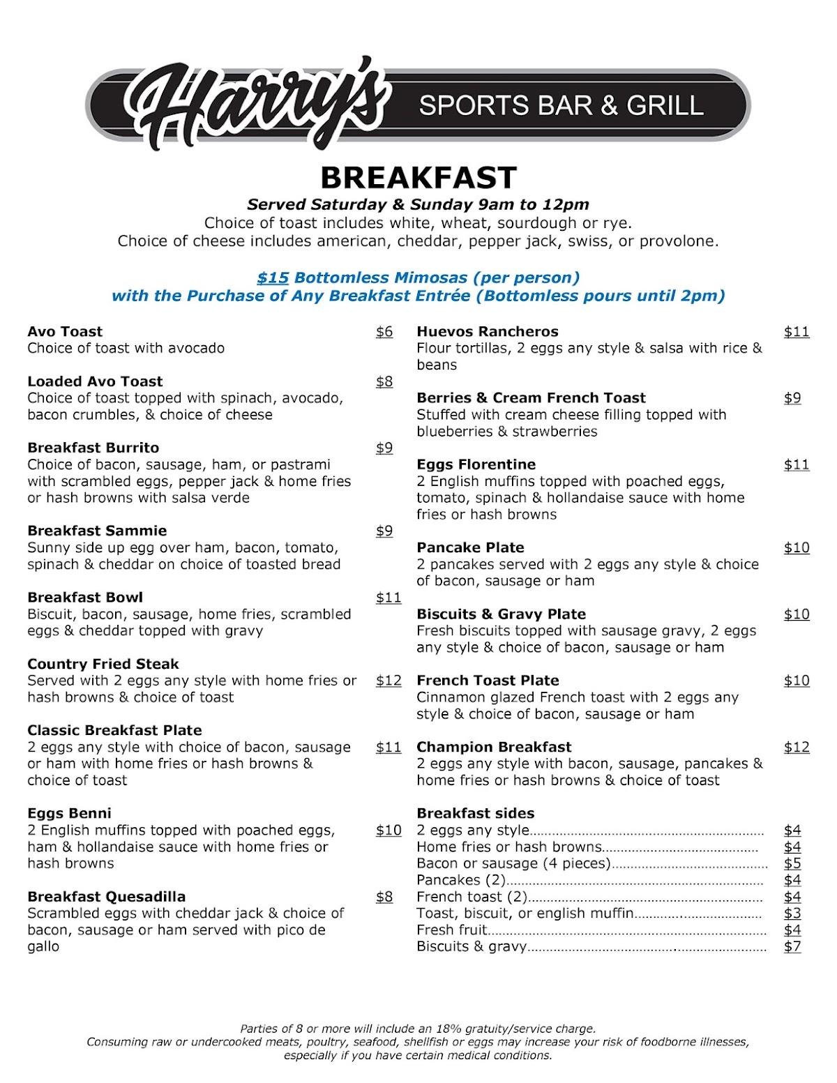 Menu at Harry's Sports Bar & Grill, Fallbrook