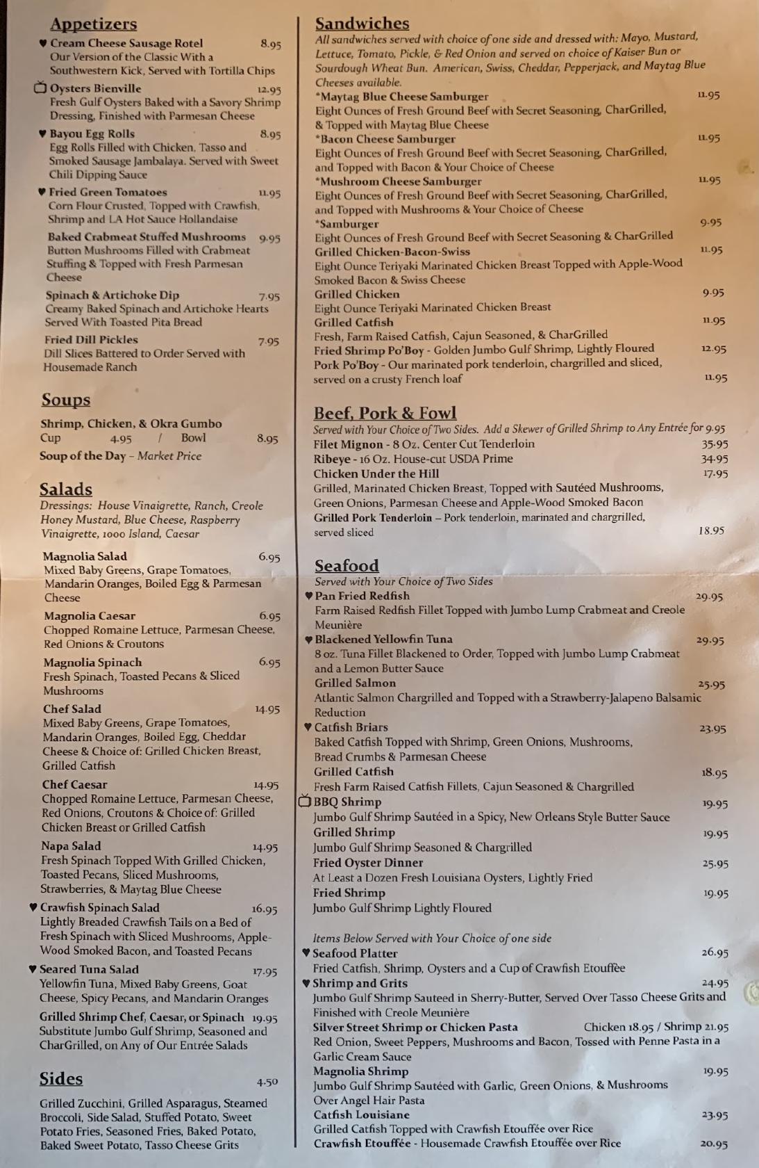Menu at Magnolia Grill steakhouse, Natchez
