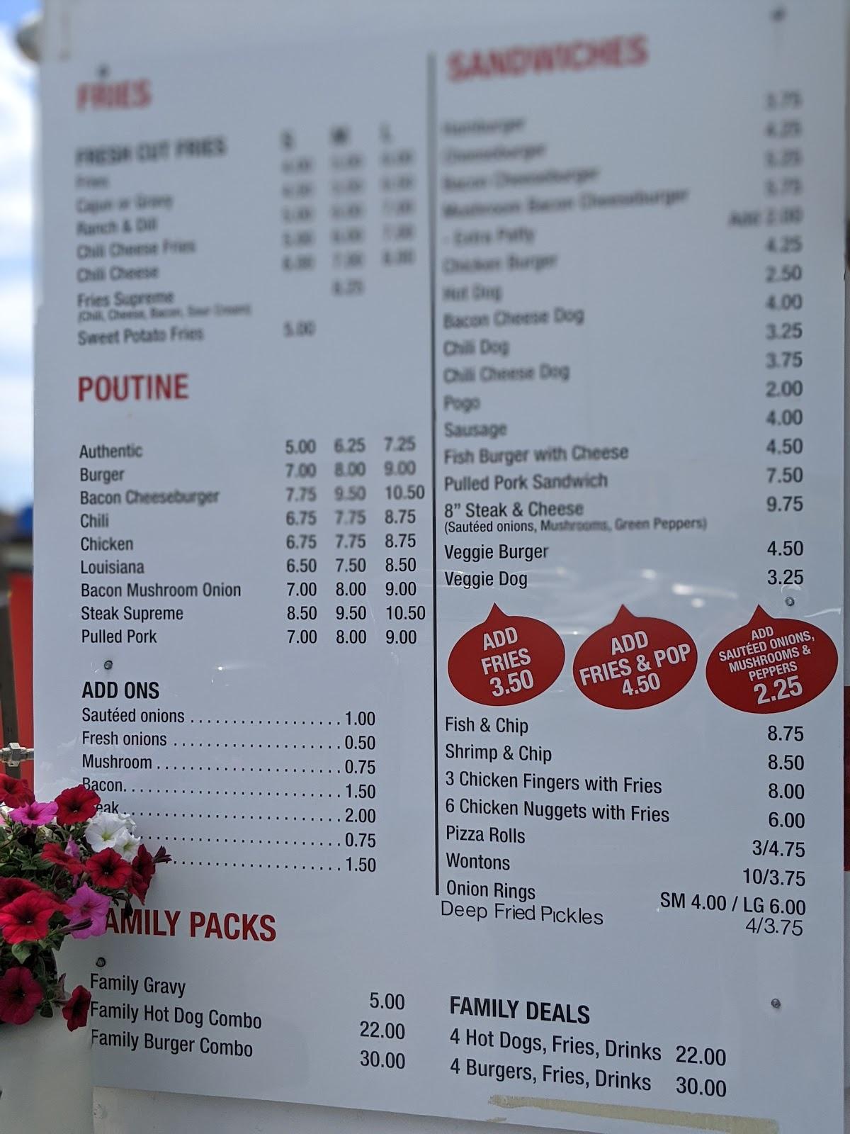 Menu at Michelle's Fries restaurant, Niagara Falls, Morrison St