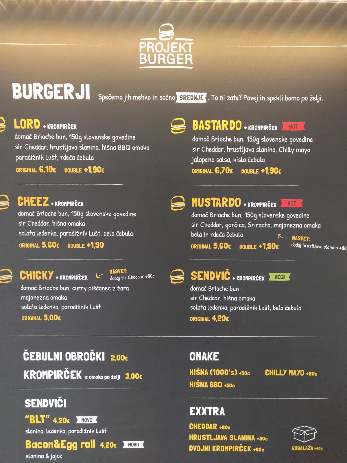 Menu da Projekt Burger ristorante, Kranj, Jelenčeva ulica 1