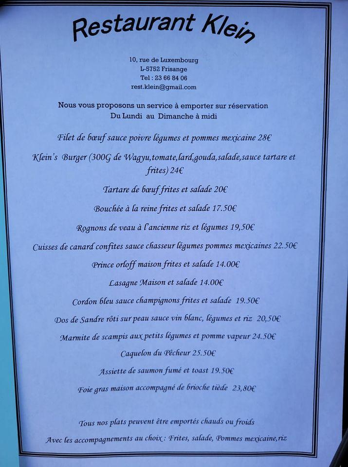 Menu au Restaurant Klein, Frisange
