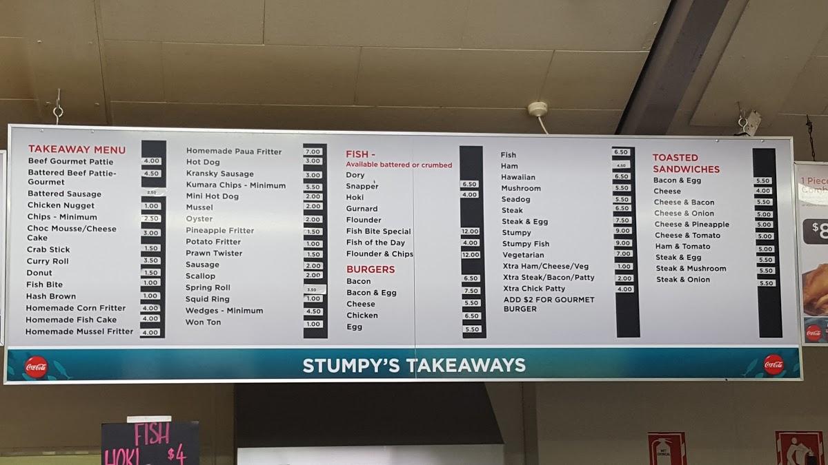Menu at Stumpy's Takeaways restaurant, Whangarei
