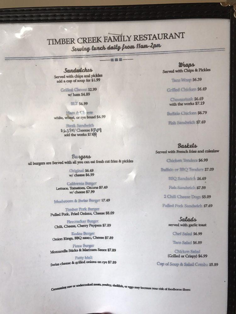 Menu at Timber Creek Family Restaurant, Elysburg