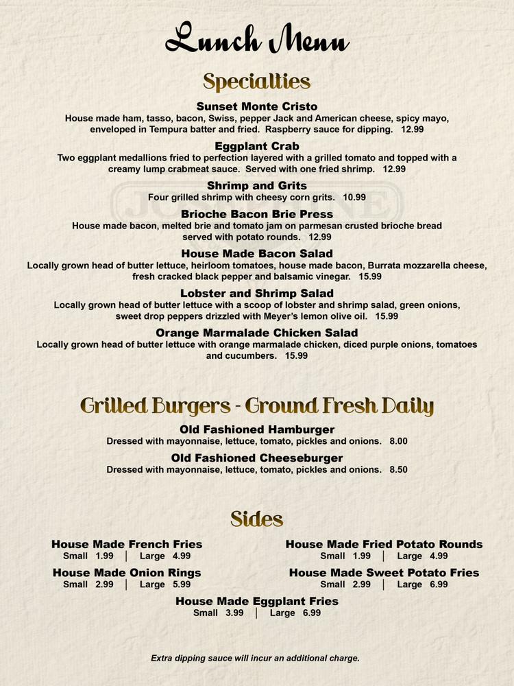 Menu at Cafe Josephine, Sunset