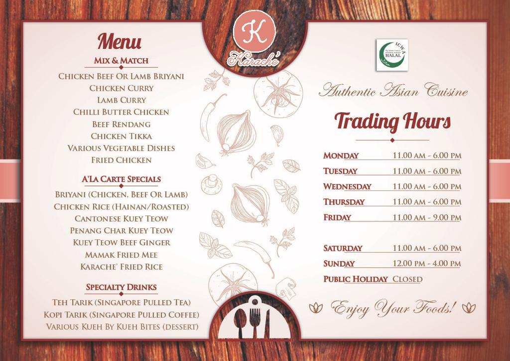 Menu at KARACHE' BY SANI restaurant, Perth, 124 Murray St