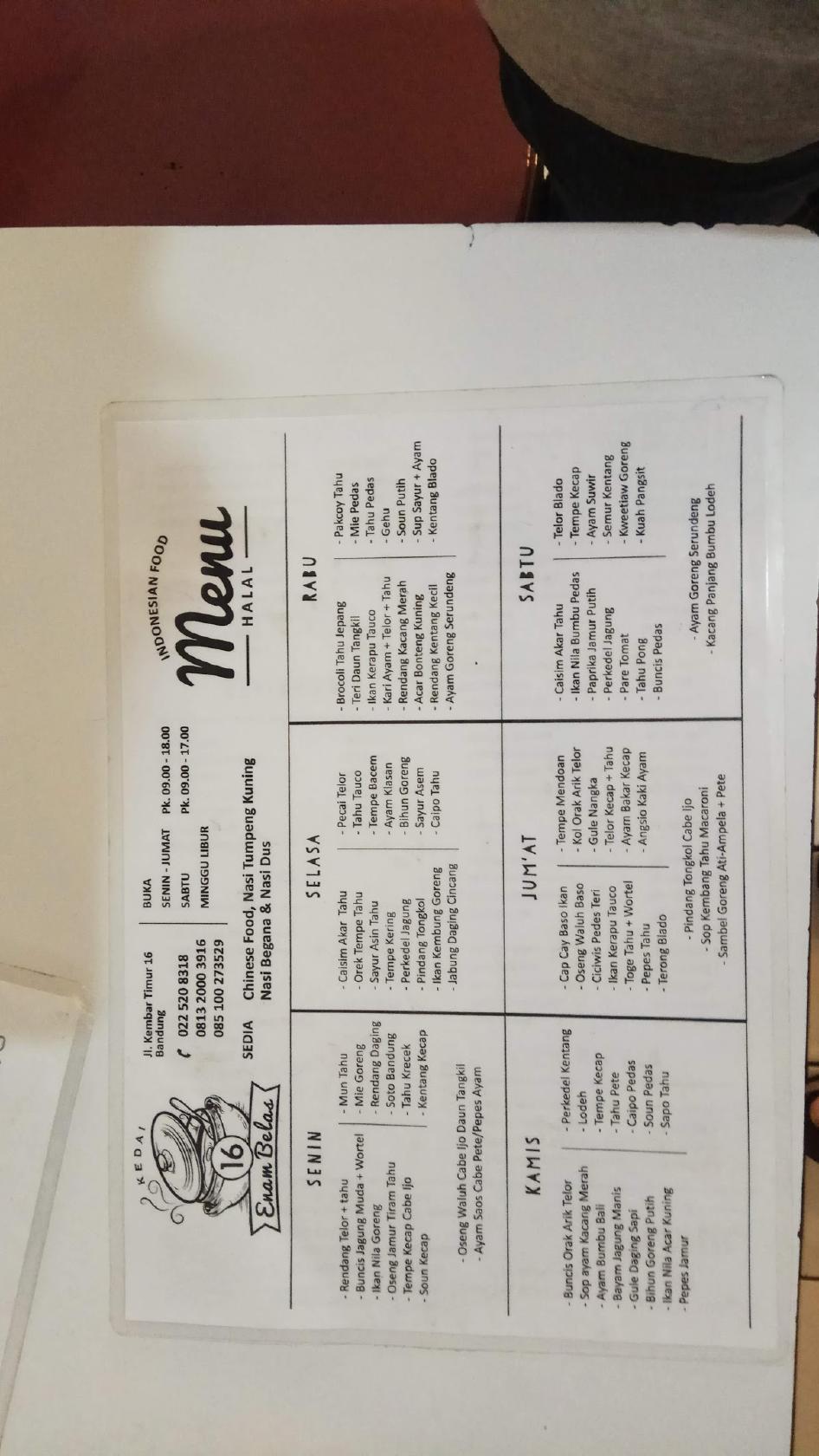 Menu at Kedai 16 Chinese Food Halal restaurant, Bandung
