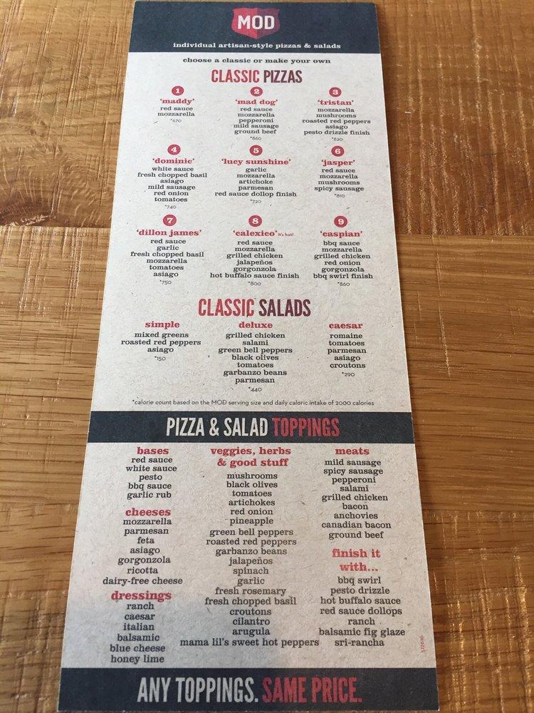 Menu at MOD Pizza pizzeria, Chantilly, Lee Jackson Memorial Hwy Suite S