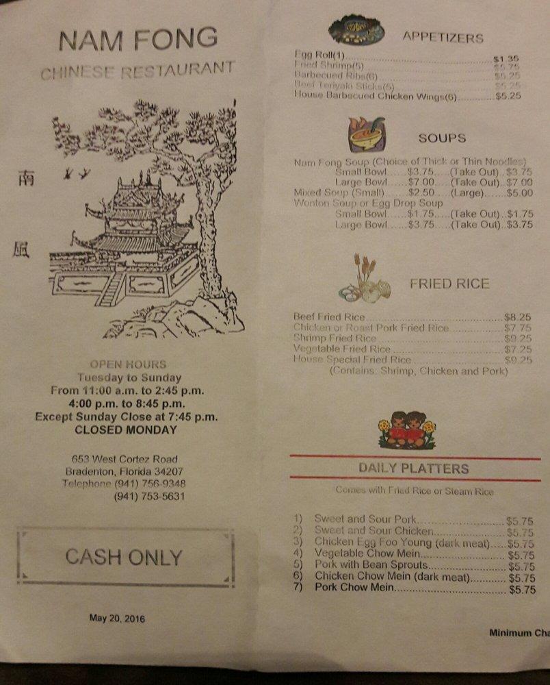 Menu at Nam Fong restaurant, Bradenton