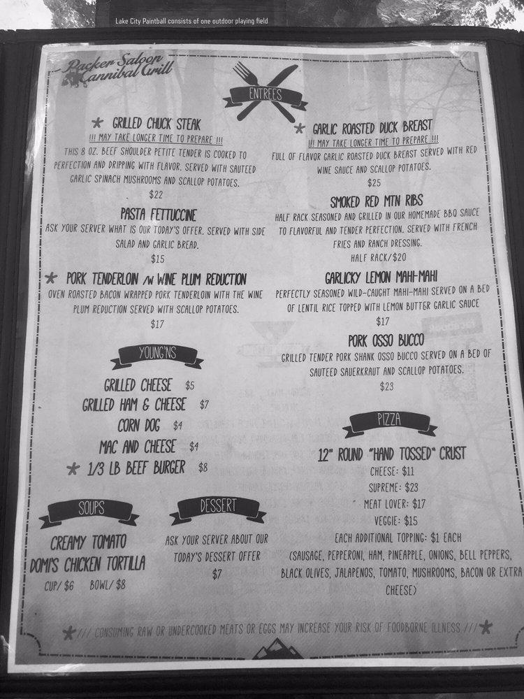 Menu at Packer Saloon & Cannibal Grill steakhouse, Lake City