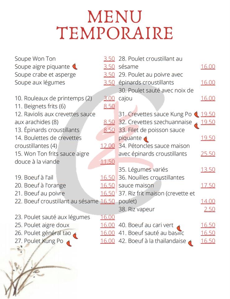 Menu au Restaurant Cari, Québec