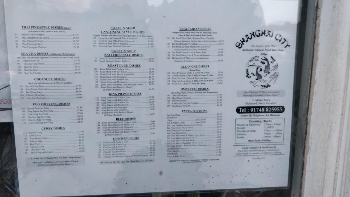 Menu at Shanghai City fast food, Richmond