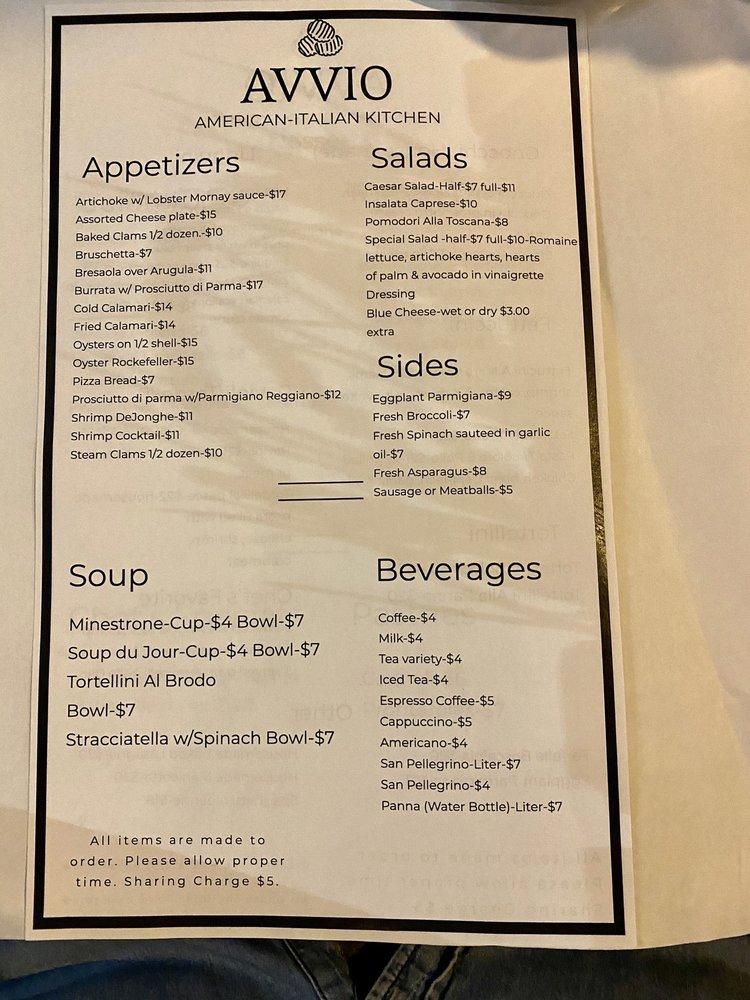 Menu at AVVIO restaurant, Chicago