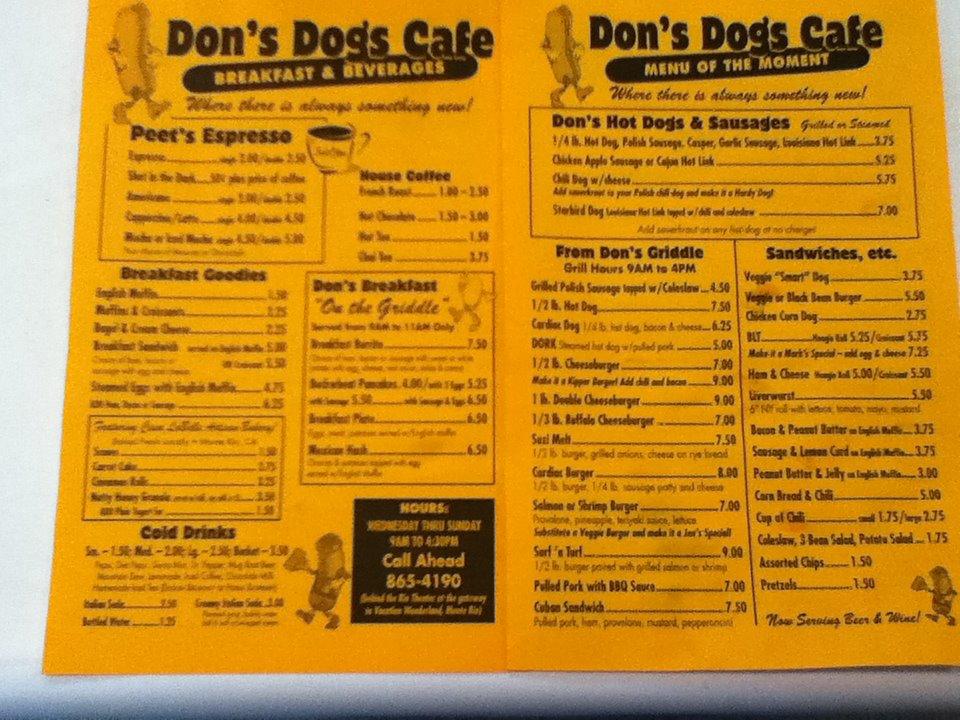 Menu at Don's Dogs Cafe, Monte Rio