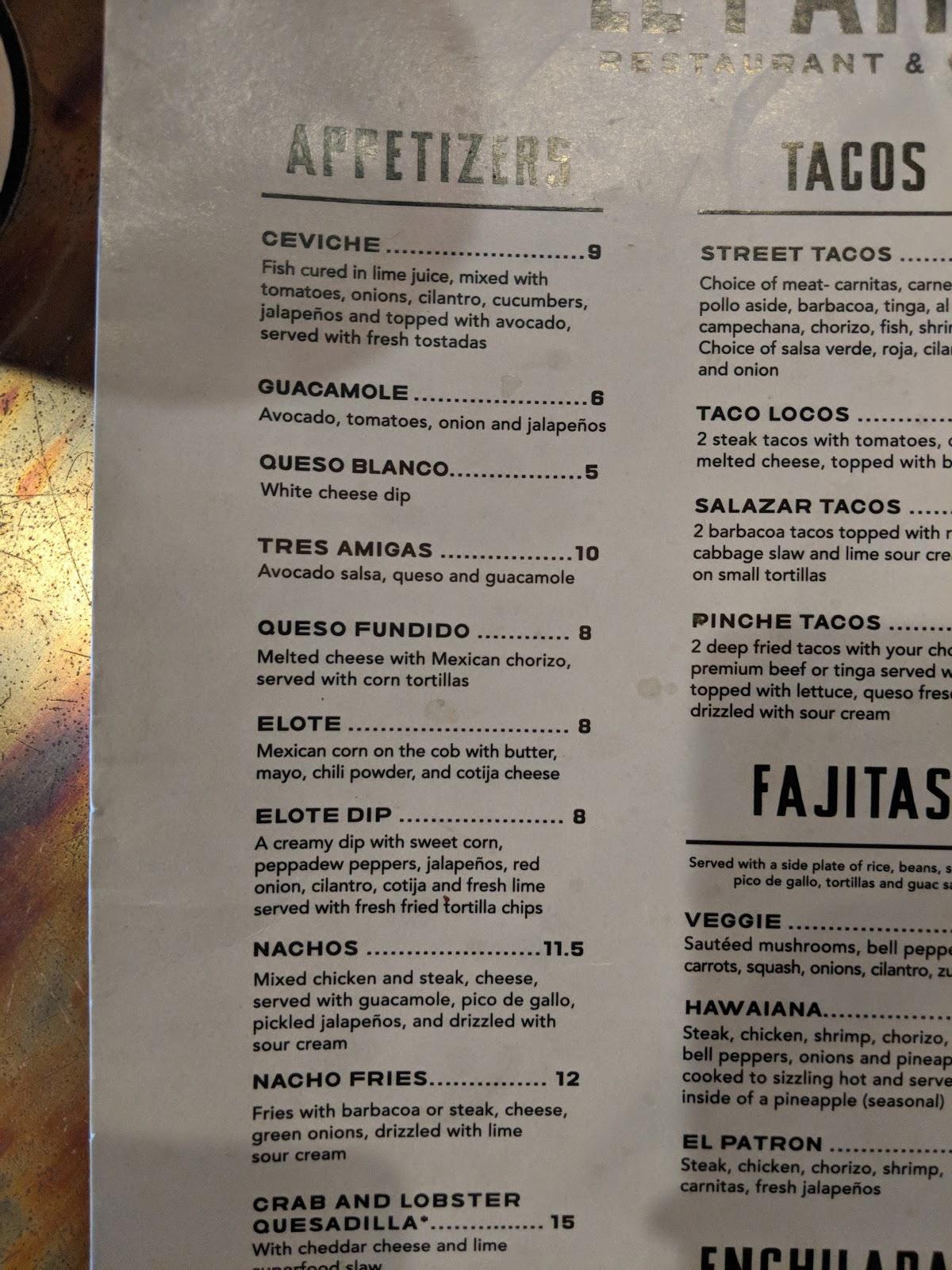 Menu at El Patron restaurant, Manhattan