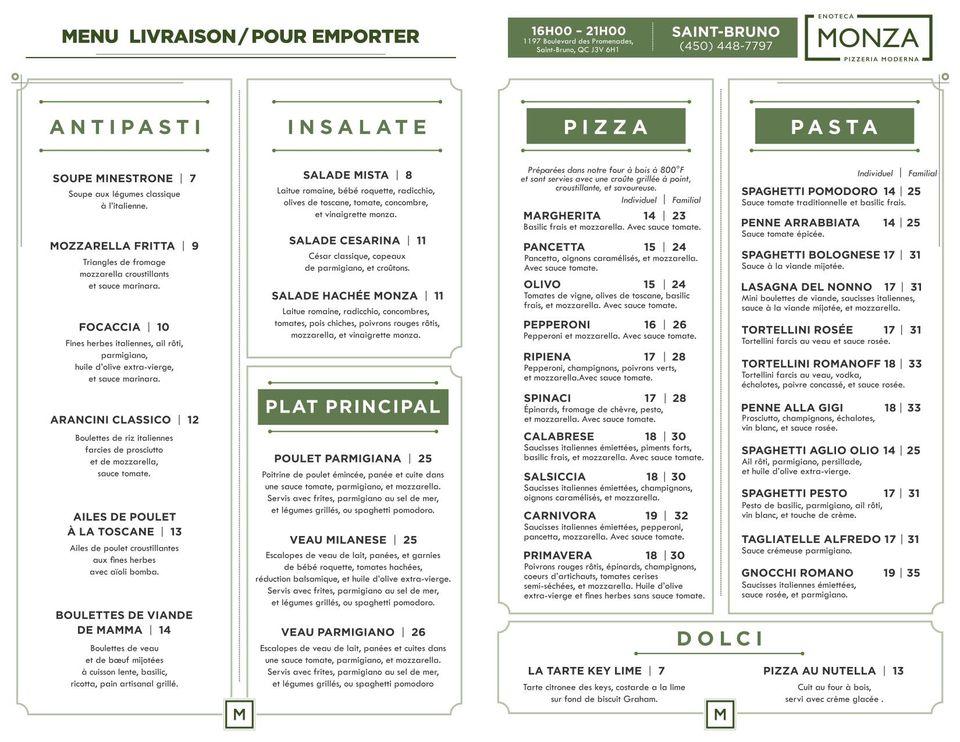 Menu au Enoteca Monza Pizzeria Moderna, Saint-Bruno-de-Montarville