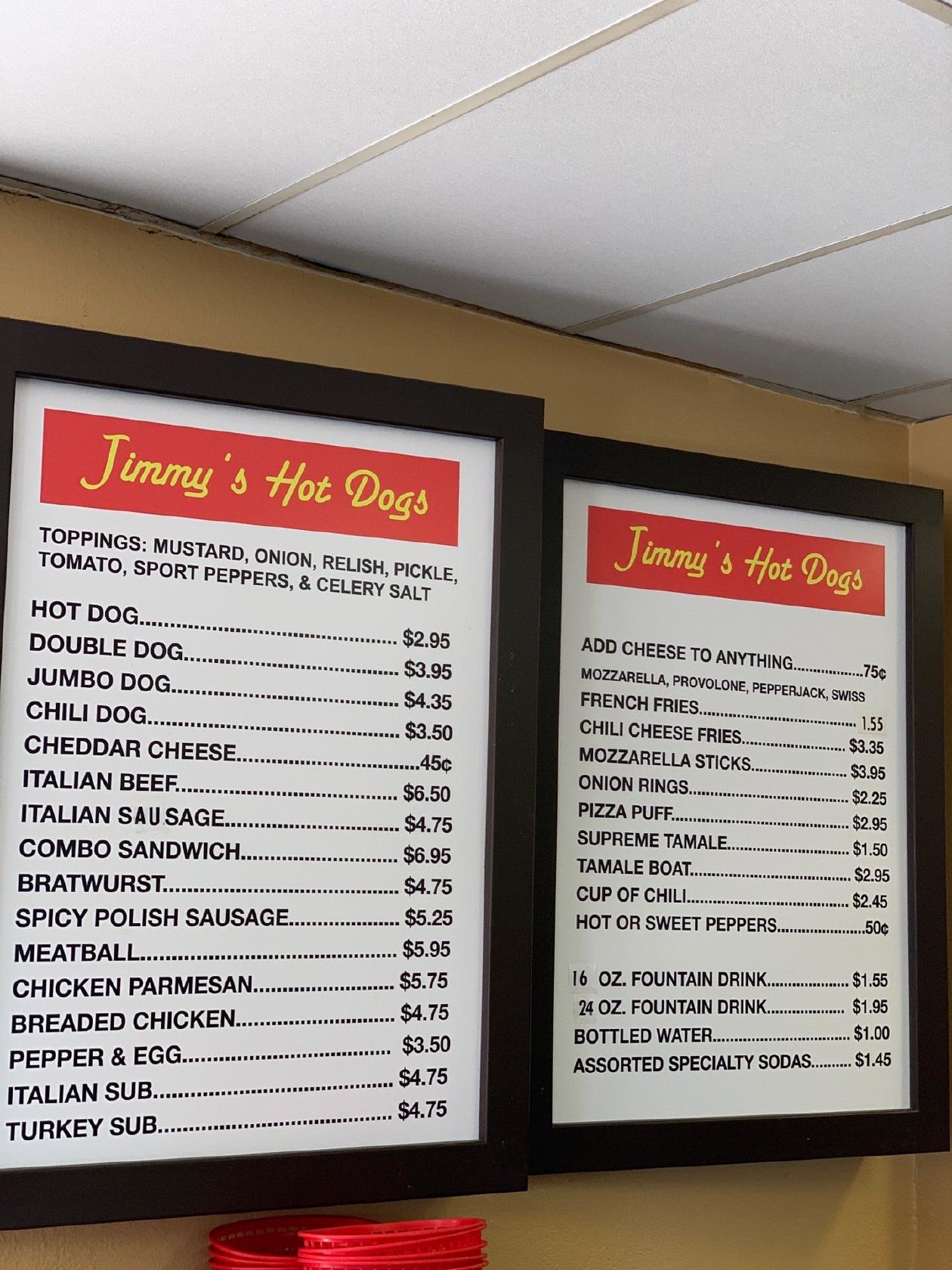 Menu at Jimmy's Hot Dogs restaurant, Phoenix