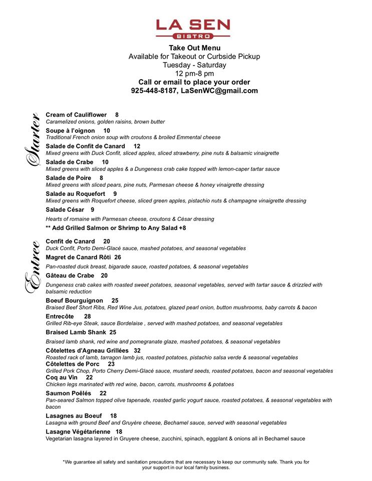 Menu at La Sen Bistro WC pub & bar, Walnut Creek