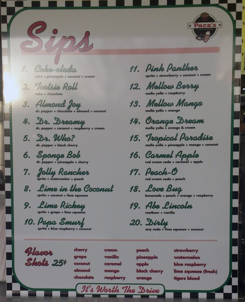 Menu at Pace's Drive-In fast food, Layton, 344 N Main St