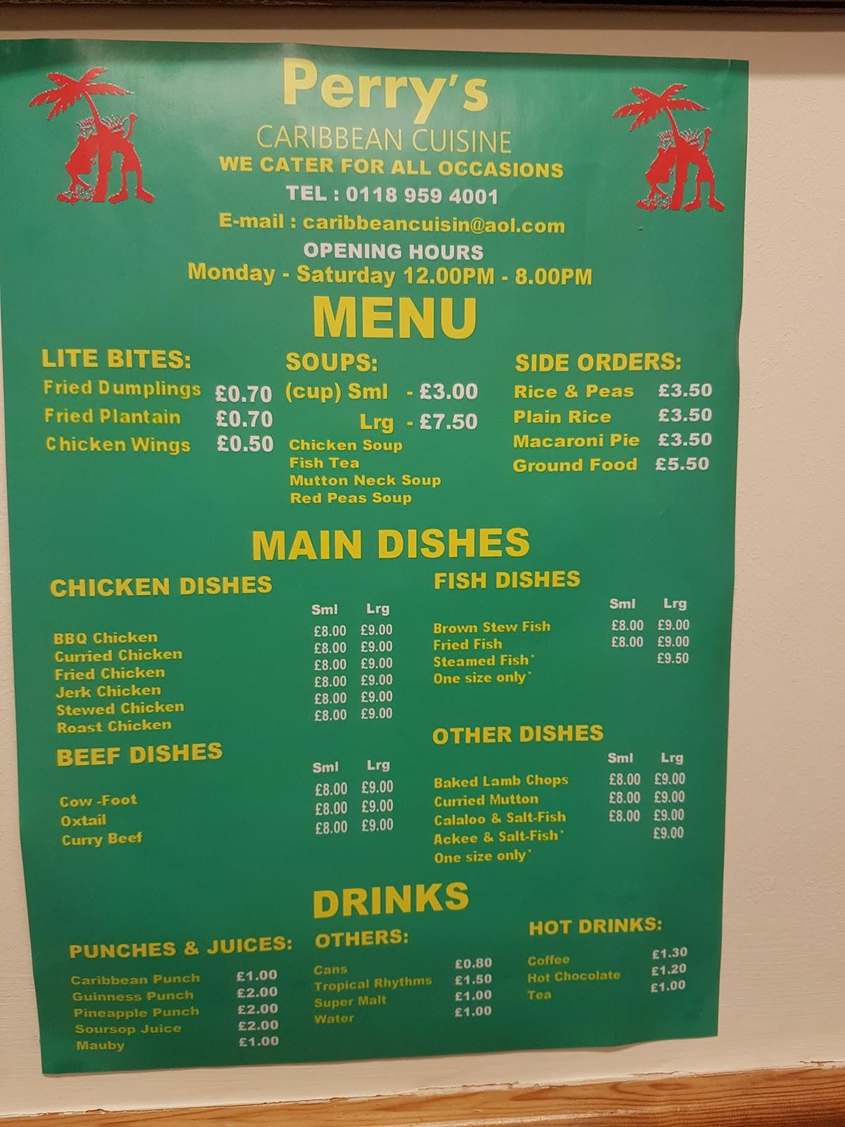 Menu at Perry's restaurant, Reading
