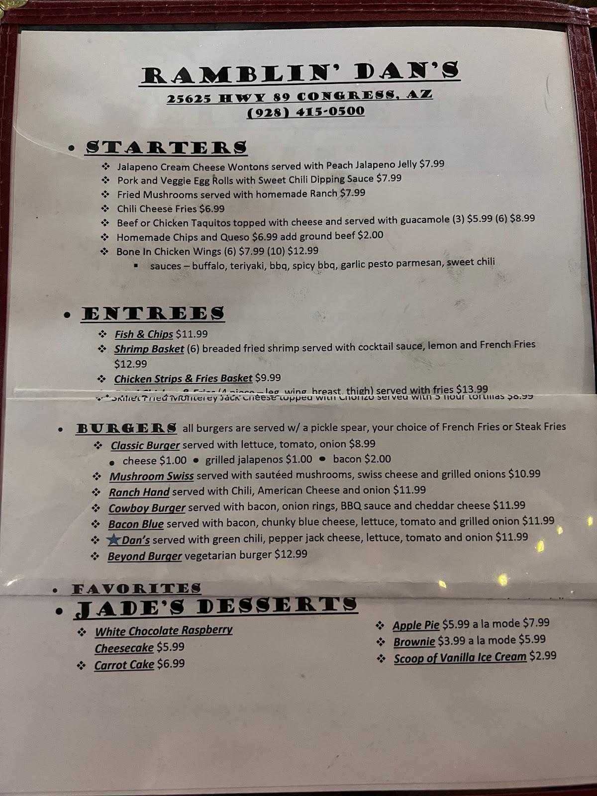 Menu at Ramblin’ Dan’s Bar & Grill, Congress